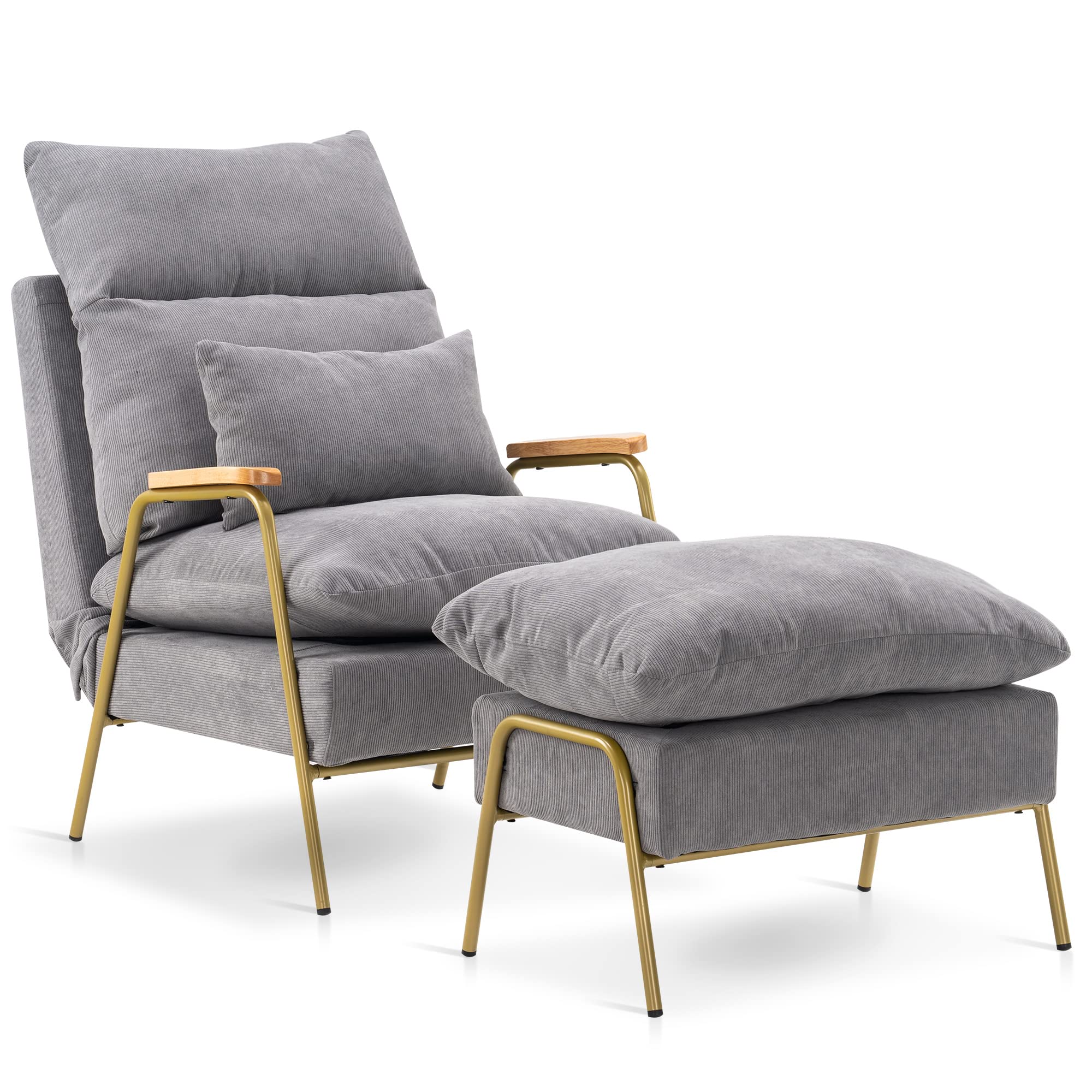 MCombo Accent Recliner with Ottoman, Fabric Arm Club Chair with Metal Legs, Adjustable Backrest and Pillow, Single Sofa Chair for Living Room Bedroom 4058 (Dark Grey, Golden Frame)