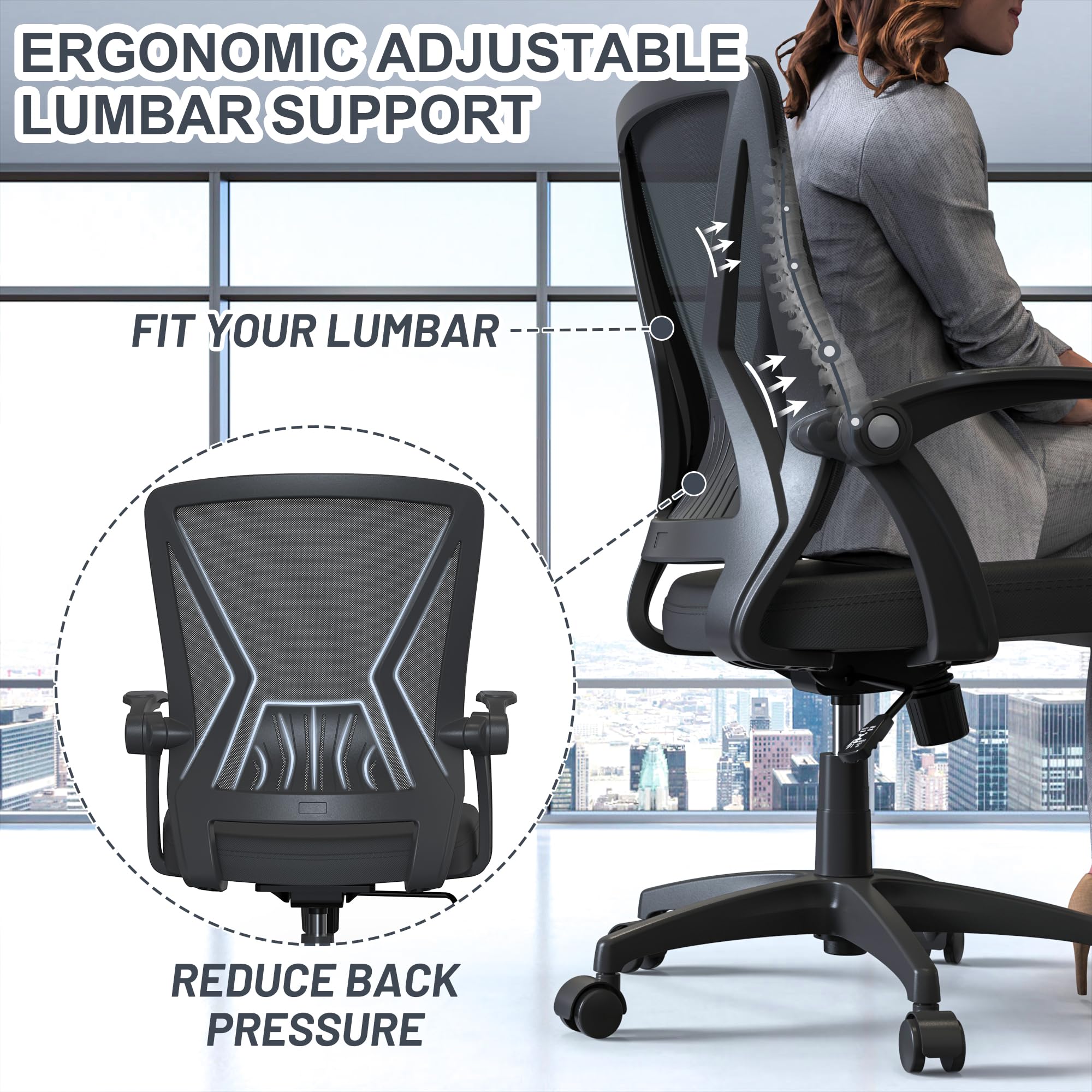 Swivel Ergonomic Mesh Home Office Computer Desk Chair Height Adjustable with Flip Up Arms and Lumbar Support