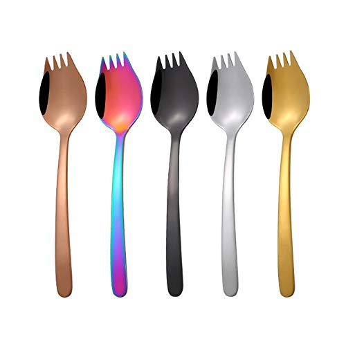 Mengbaobao 6-pack Gold Sporks Spoon Forks Long Handle Stainless Steel for Fruit Appetizer Dessert Salad Forks Noodle Spoon 8.1 inch