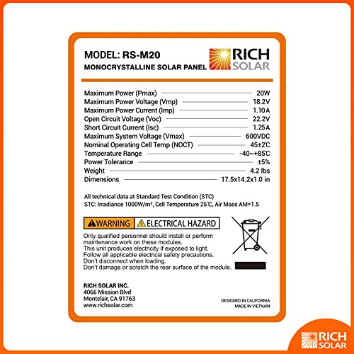 RICH SOLAR 20 Watts 12 Volts Monocrystalline Solar Panel for DC 12V Battery Charging and Any Other Off Grid Applications