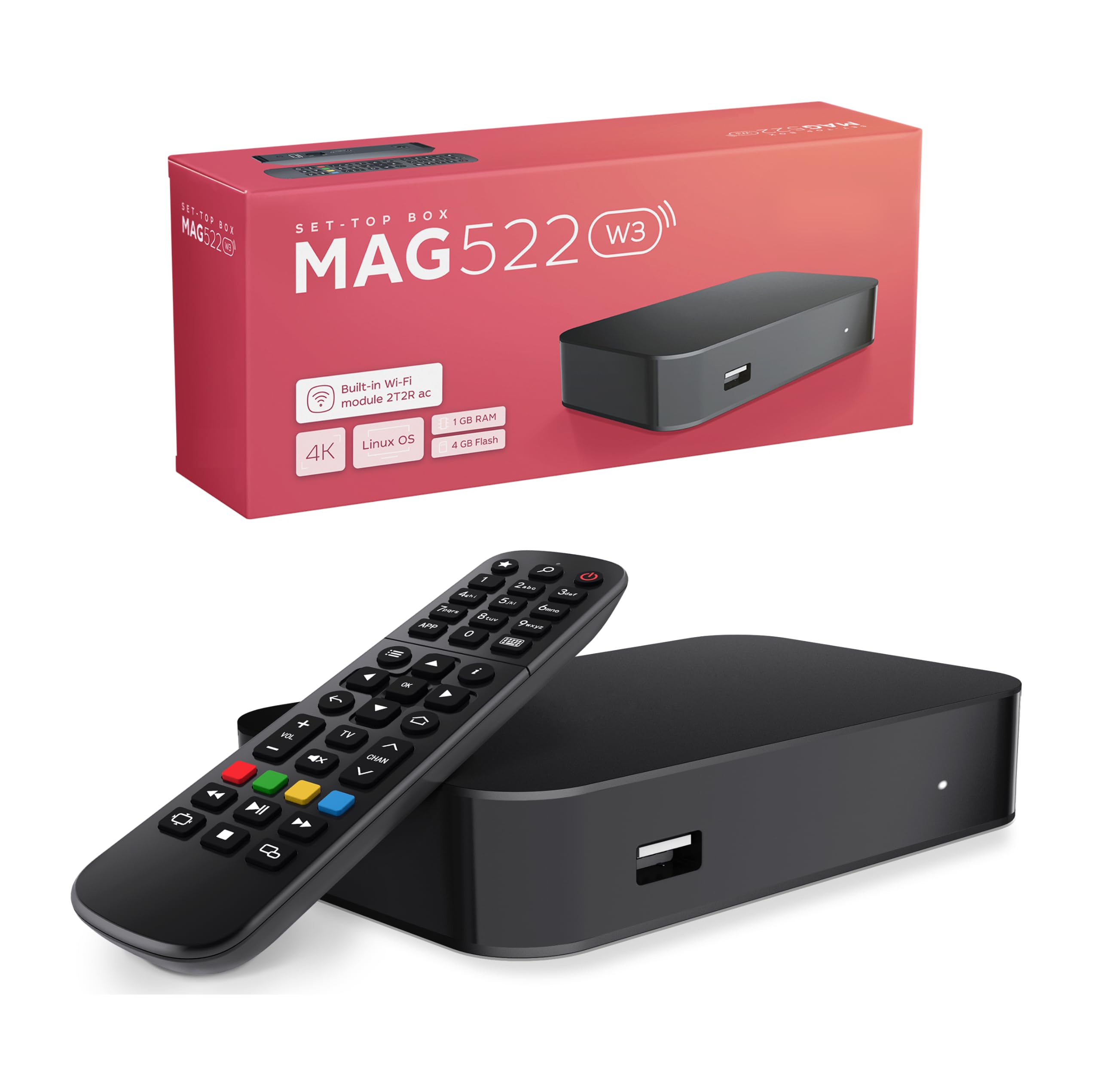 Raxxio MAG522w3 Linux 4.9 Set-Top Box - Amlogic S905X2 Chipset with 1 GB DDR3 RAM, 4 GB Flash Memory, 4K and HEVC Support, Dual-Band 2.4G/5G 2T2R ac WiFi, USB 2.0/3.0, HDMI Cable and Remote Control