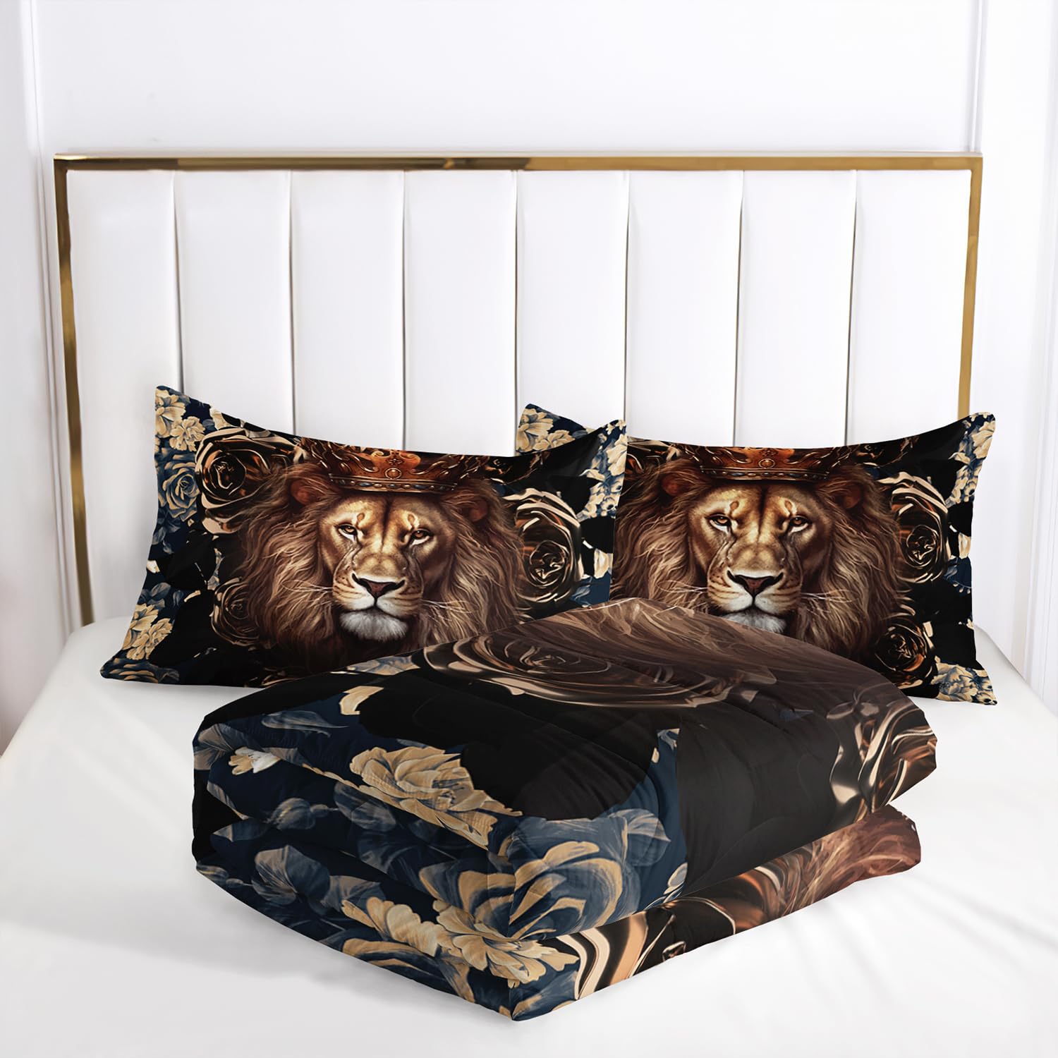 AILONEN 3D Lion King Comforter Set Queen Size, 3D Gold Rose Bedding Set,African Safari Animals Fitted Bed in a Bag for Kids Teens,Crown Lion Duvet Set,1 Quilt and 2 Pillowcases,3 PCS