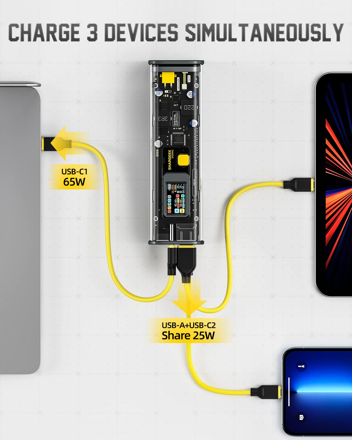 Shargeek STORM2 100W Power Bank 25600mAh with Transparent Case and IPS Screen 140W USB C Fast GaN Charger PD3.1 Wall Charger