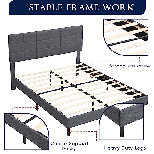 TMEOSK Queen Size Upholstered Platform Bed Frame with Fabric Headboard and Wooden Slats Support, Mattress Foundation, No Box Spring Needed for Boys Girls Teens Adults, Under Bed Storage (Gray)