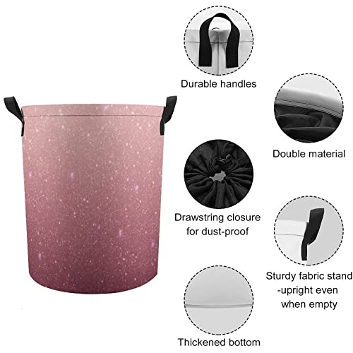 Rose Gold Glitter Laundry Basket Pink Bling Printed Laundry Hamper Collapsible Round Girls Dirty Clothes Hamper Toys Storage Basket with Drawstring for Kids Bedrooms Nursery