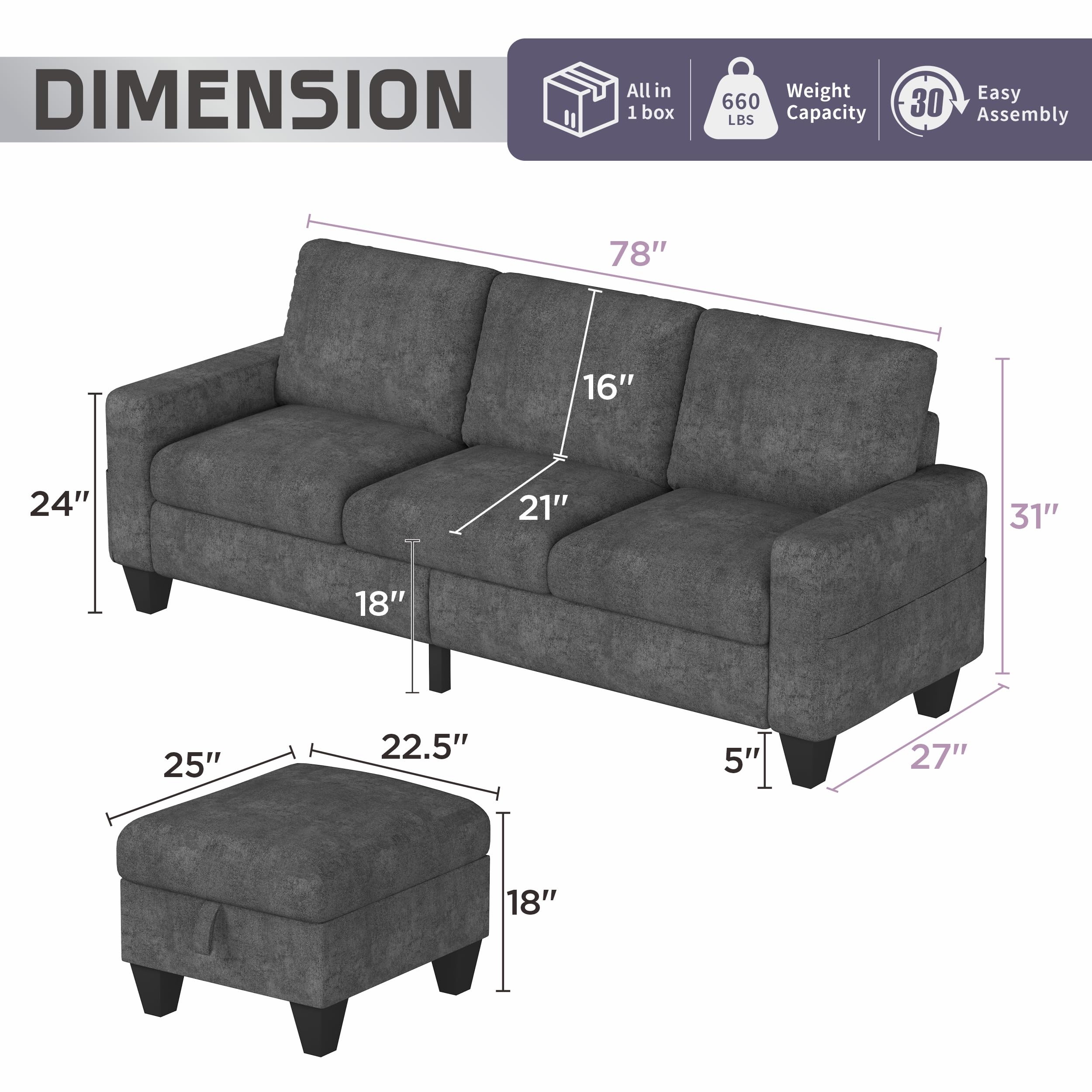 Yattem Convertible Sectional Sofa Couch:Modern Snowflake Velvet L-Shaped Sofa Couch with Reversible Storage Ottoman&Storage Pockets - 3 Seat Sofa Couch for Living Room/Apartment/Studio/Small Space