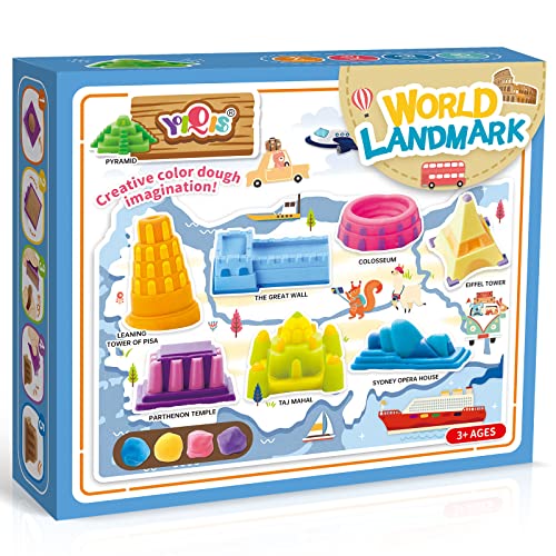 Yiqis Dough and Play Sand & Air Dry Clay Molding Toys and Tools Kits Sets for Kids Ages 4-8,18PCS, Includes 8 World Landmarks Building Molds,2 Cutter Tools,8 Dough Colors