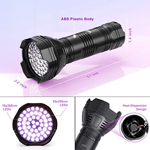 UV Flashlights 51 LED 365-395nm Black Light Flashlite, Rechargeable Blacklight for Pet Urine Detection,Resin Curing,Dry Stains,Bed Bug,Scorpion, Dog/Cat Urine Detector Light Match with Odor Eliminator