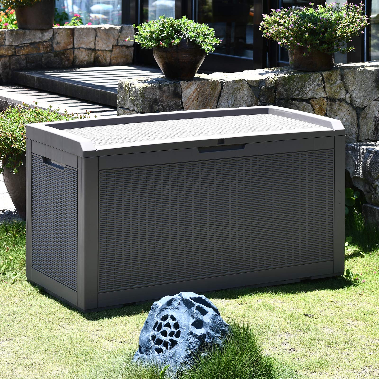Modern-Depo 100 Gallon Deck Box Waterproof Outdoor Storage Bench Resin Pool Towel Storage Bin Porch Delivery Box with Seat Cushion, Gray
