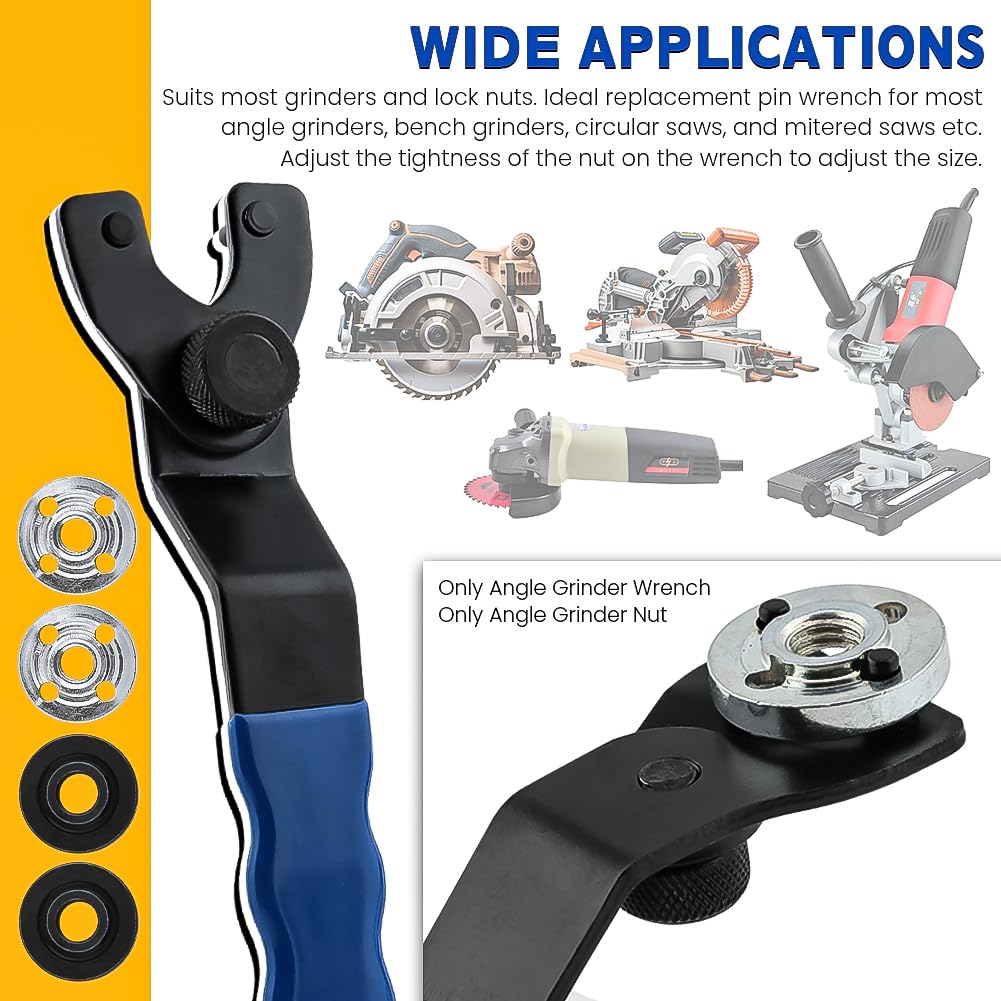 UXELY Angle Grinder Wrench with 4 pcs Angle Grinder Nut, Grinder Adjustable Spanner Wrench Flange Nut Kit for 5/8-11 Angle Grinder Power Tools Parts(COLOR:Blue+Black)