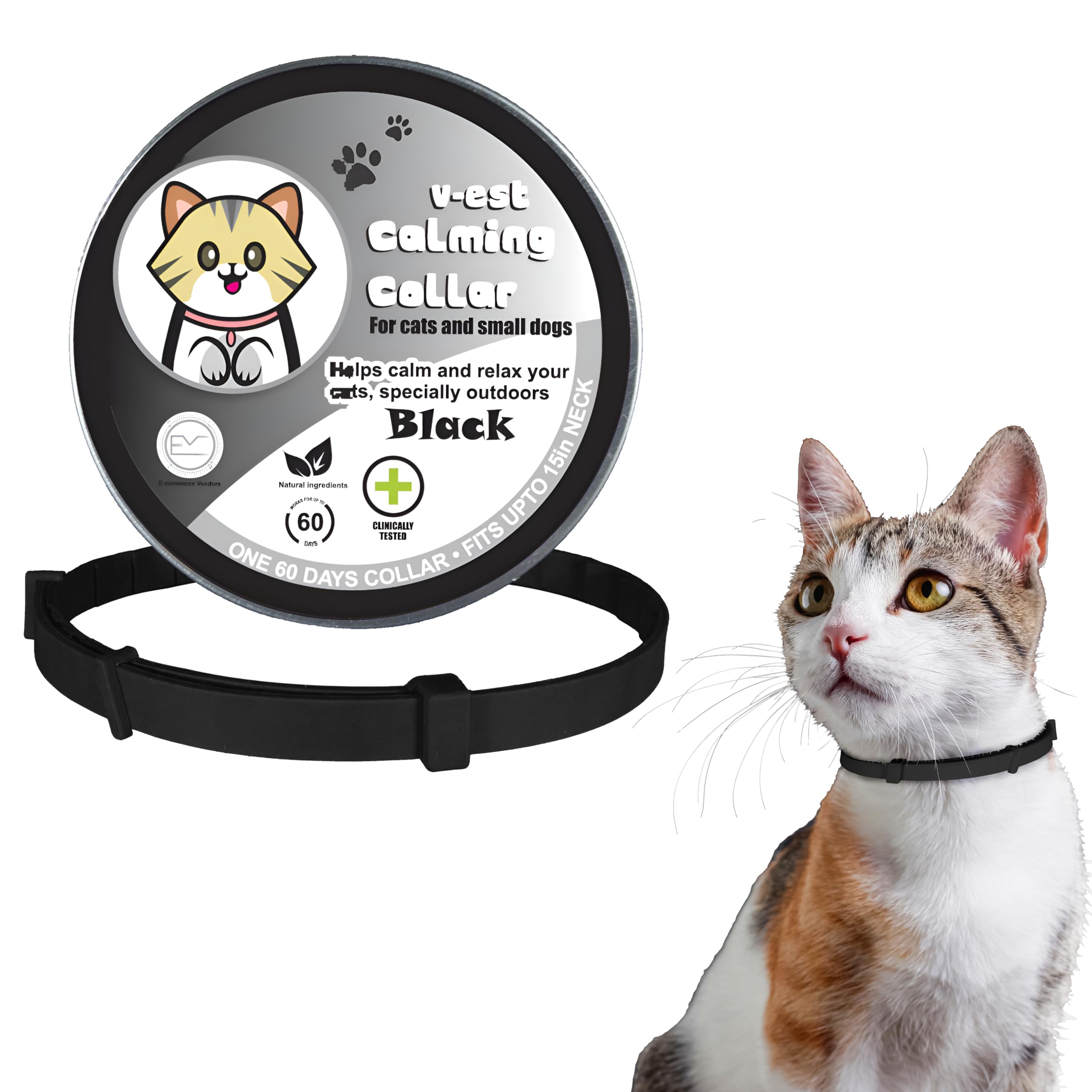 V-EST Calming Collar for Small Dogs and Cats with Pheromones, Reduce Separation Anxiety, 60-Day, Adjustable Size 15in Black
