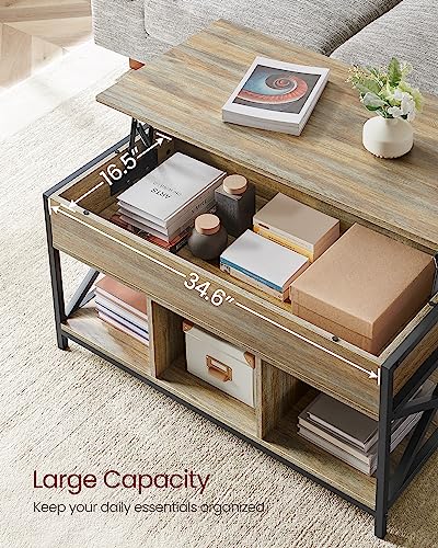 VASAGLE Lift Top Coffee Table for Living Room, Industrial Coffee Table with Hidden Compartments and Storage Shelf, Steel Frame, 19.7 x 39.4 x (19.3-24.4) Inches, Oak with Blue Grains ULCT202B60