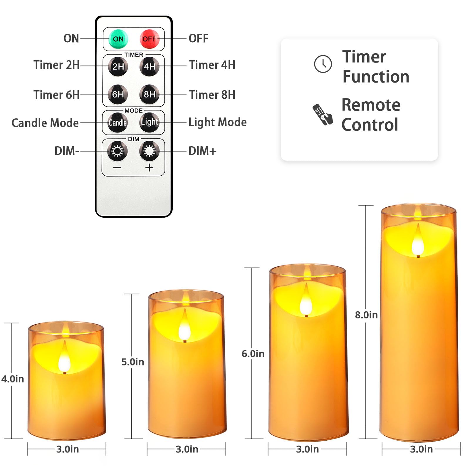 NURADA Flickering Flameless Candles: Acrylic LED Pillar Candles Battery Operated with Remote and Timer Imitation Glass Candle for Home Table Bathroom Decor, Gold, Pack of 5 (D 3"×H 4" 5" 6" 8" 8")