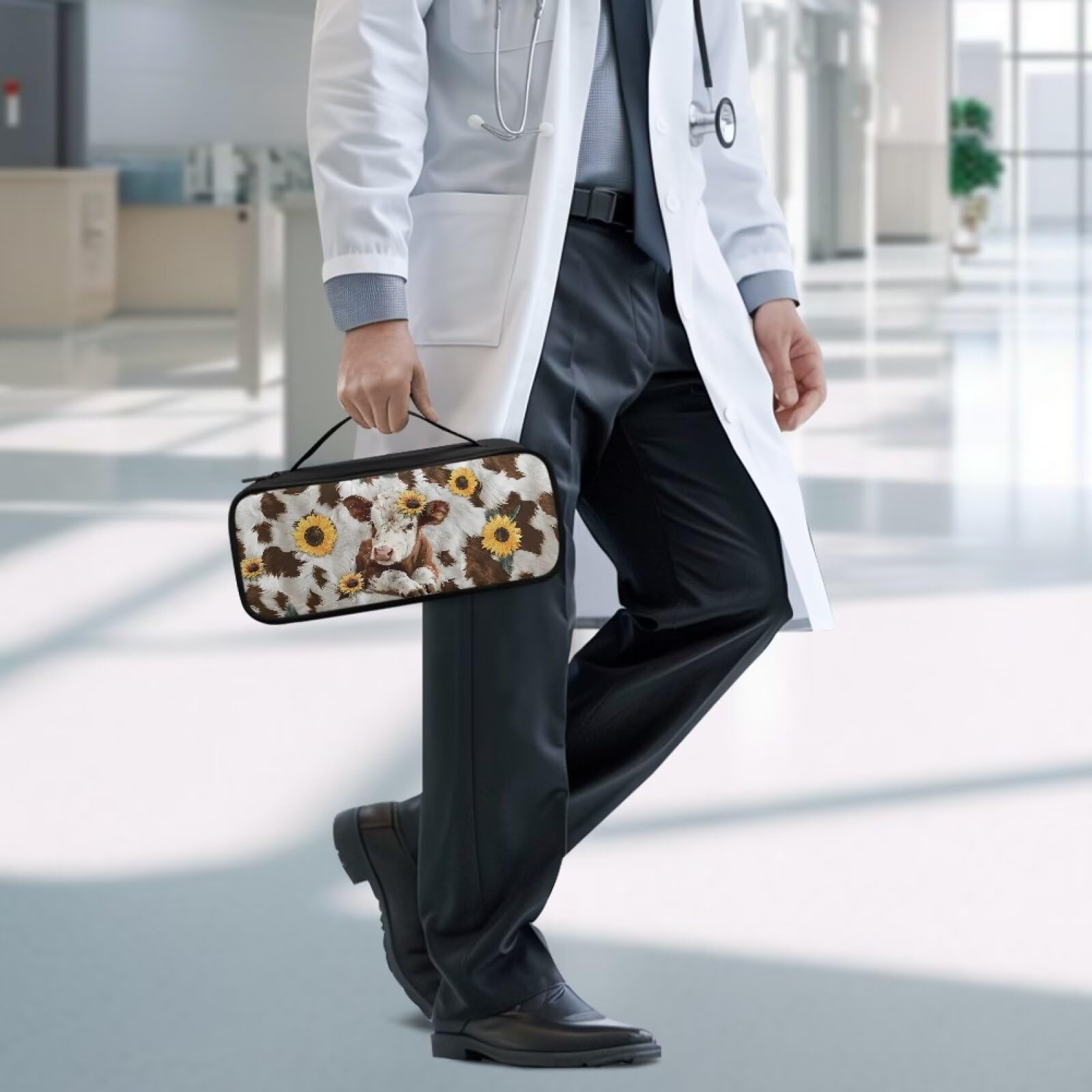 Sepetwhos Sunflower Cow Stethoscope Carrying Case Large Stethoscope Holderwith Mesh Pockets Portable Hard Organizer Storage Bag Stethoscope Accessories