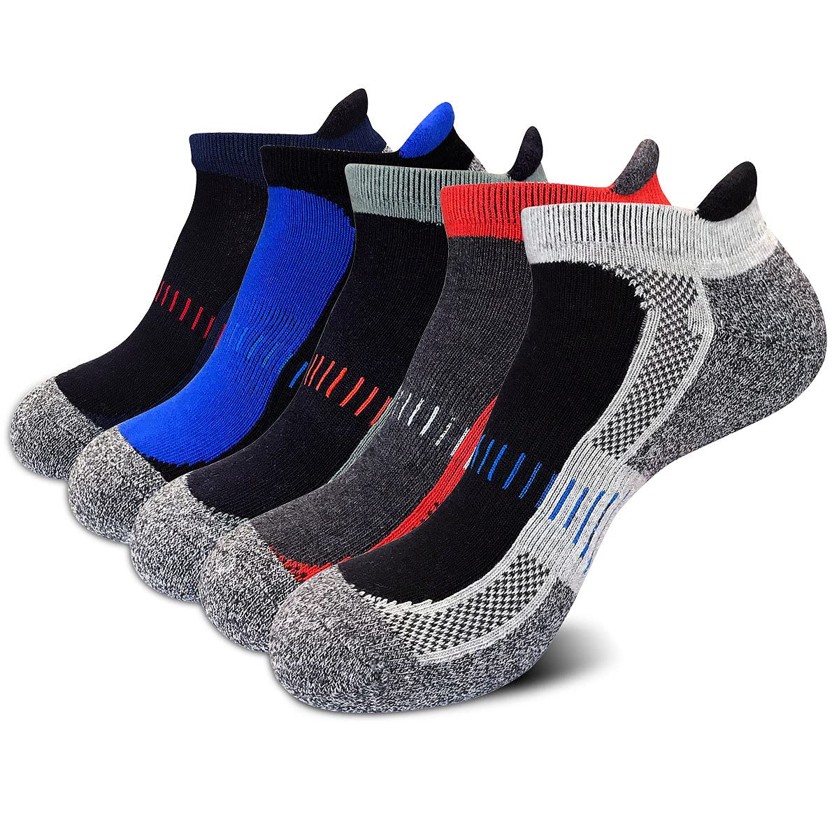 Men's Performance Cushion Cotton Low Cut Ankle Athletic Socks Heel Tab Running Socks(5 Pairs) (Five colors), 6-12