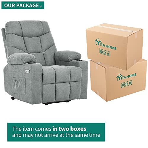 YITAHOME Electric Power Lift Recliner Chair for Elderly, Fabric Recliner Chair with Massage and Heat, Spacious Seat, USB Ports, Cup Holders, Side Pockets, Remote Control (Grey)