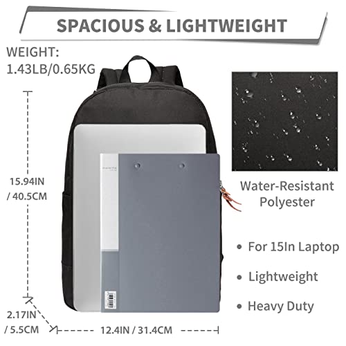 VASCHY School backpack, Lightweight Casual Classic Water-resistant School Rucksack Travel Backpack 15 inch Laptop Black
