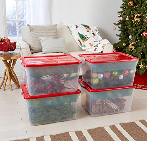 Rubbermaid Cleverstore Clear Holiday 71 Qt Bins with Tray Inserts, Built-In Handles to Maximize Storage, Great for Holiday Decor, Clear Base, Red Lid with Green Tray, Pack of 4