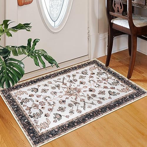 SONGLET Rug Machine Washable 2'x3', Indoor Entryway Rug Non-Slip, Vintage Persian Rug for Kitchen, Living Room, Bathroom, Laundry (Ivory/Brown)