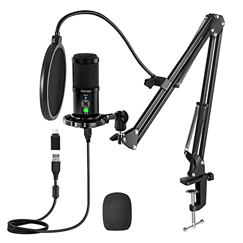 Mercase USB Condenser Microphone, 192KHZ/24Bit Mic kit Plug & Play with Mute Button,Real-time Monitoring, Noise Canceling,Microphone with Adjustment Arm Stand