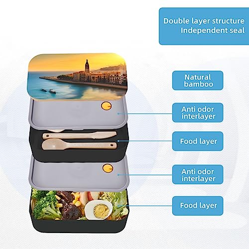 Sunset In Barcelona Adult Lunch Box, Bento Box, With Cutlery Set Of 3, 2 Compartments, Rectangular, Lunch Box For Adults