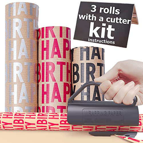 THMORT Birthday Wrapping Paper Roll with a Cutter Kit for Boys&Girls,Adults,Kids.17 Inch X 120 Inch Kraft Gift Wrapping Paper Roll Silver Black Red Happy Birthday Retro Fonts.