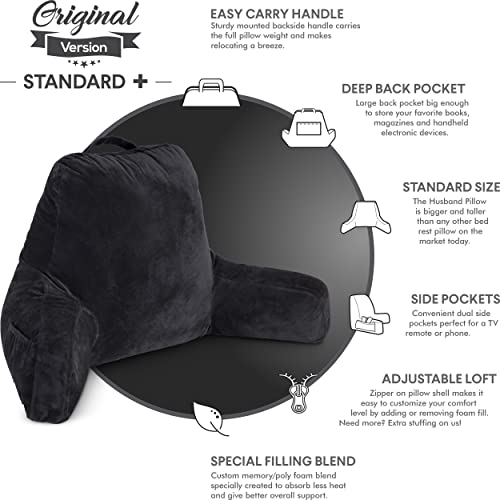 Husband Pillow Combo - Backrest Pillow with Arms : Standard Black & Foldable Laptop Tray : Gray - Memory Foam Reading Pillows for Bed & Laptop Bed Tray Table