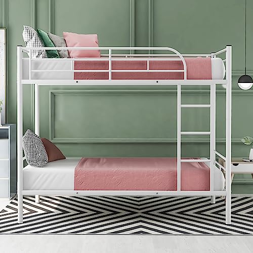 Twin Over Twin Metal Bunk Bed with Ladder and Safety Guard Rail,Heavy Duty Bunk Beds with Metal Slats for Kids Teens Adults, No Box Spring Required/Space-Saving/Noise Free/Easy Assembly (White)