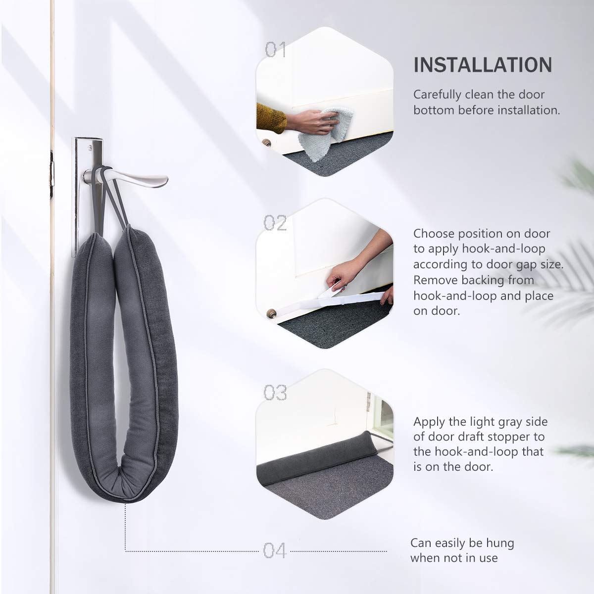 Tuffen Door Draft Stopper 37β, Weighted Under Door Noise Air Blocker, Heavy Duty Sound Proof Draft Guard Door Gap Blocker with Hook Tape for Doors and Windows, 2.3lbs (Grey)