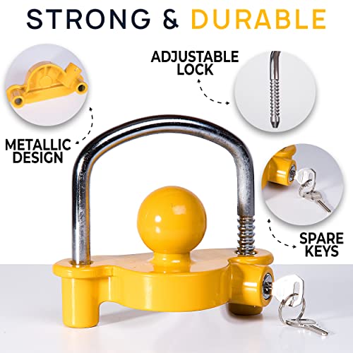 VaygWay Trailer Coupler Lock - Premium Quality Yellow Universal Anti-Theft Adjustable Storage Security Heavy-Duty Steel Trailer Ball Lock, Security Towing Lock Trailer, Boat -Fits 1-7/8",2β, 2-5/16"