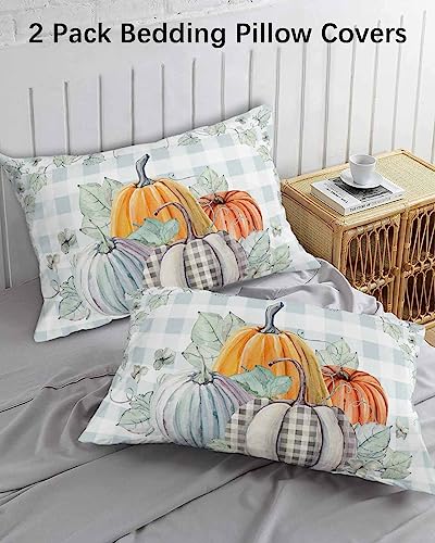 Thanksgiving Pillow Covers Standard Size Set of 2 Bed Pillow, Farmhouse Teal Plaid Fall Pumpkin Maple Leaves Plush Soft Comfort for Hair/ Skin Cooling Pillowcases with Envelop Closure 20''x26''