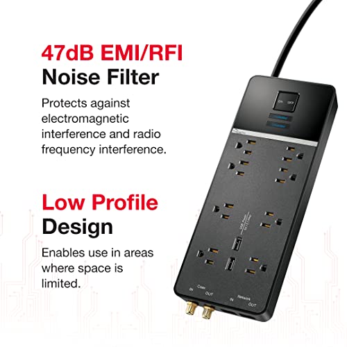 Rocketfish 8-Outlet/2-USB Wall Tap Surge Protector Strip - Provides Protection & Convenient Mobile Phone Charging - Black