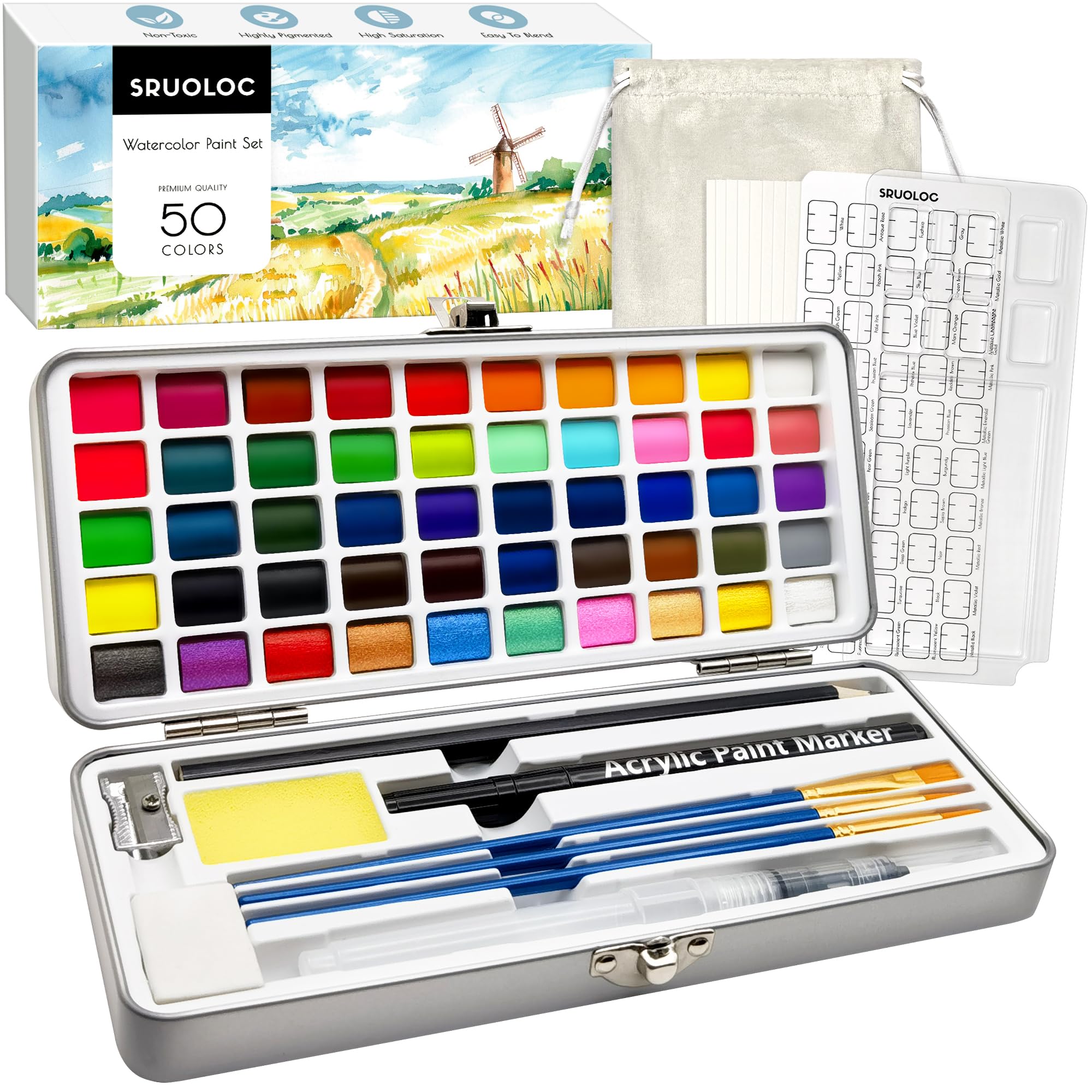 SRUOLOC Watercolor Paint Set 50 Colors, Travel Watercolor Set with Portable Carrying Case, Papers, Brushes and Accessories, Ideal for Artists, Amateur Hobbyists and Painting Lovers