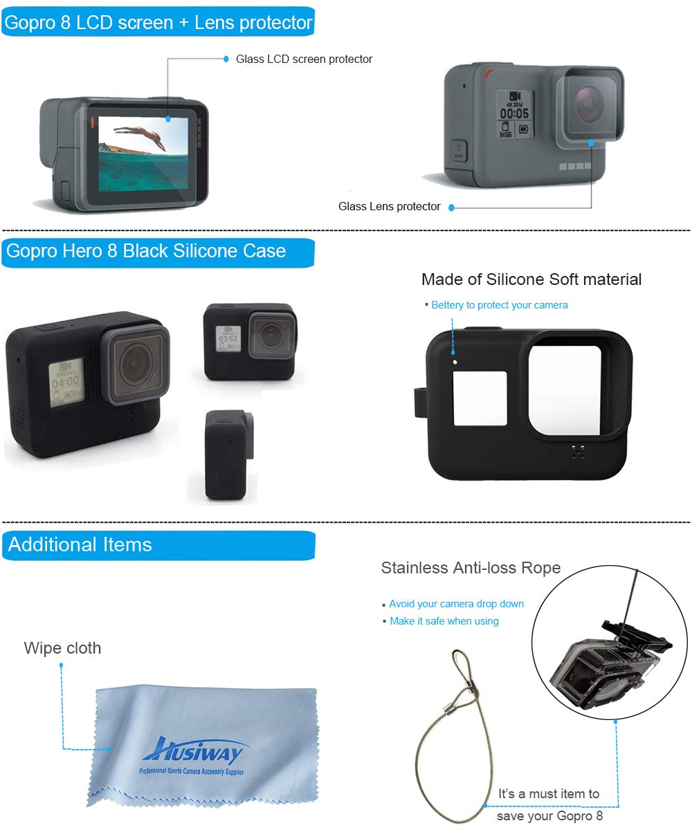 Husiway Action Camera Accessories Kit for Gopro Hero 8 Black Waterproof Housing Silicone Case Glass Screen Protector are Compatible with Gopro8 Hero8 62D