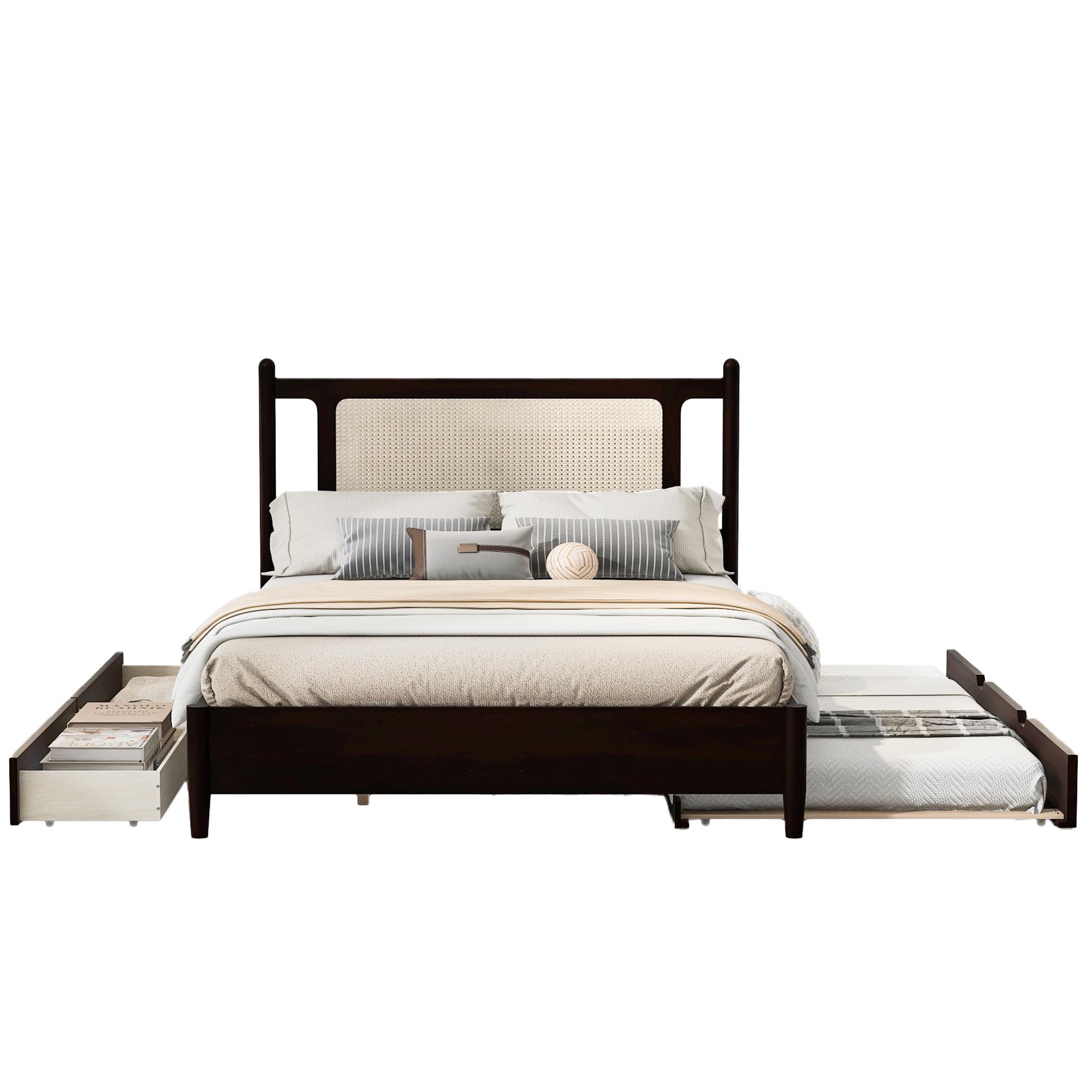 SOFTSEA Queen Size Rattan Bed, Platform Bed with Storage Drawers and Trundle, Wood Platform Bed with Rattan Headboard, No Box Spring Needed, Brown