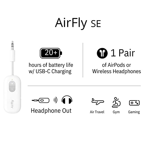 Twelve South AirFly SE, Bluetooth Wireless Audio Transmitter for AirPods/Wireless or Noise-Cancelling Headphones Use with Any 3.5 mm Audio Jack on Airplanes, Gym Equipment or iPad/Tablets