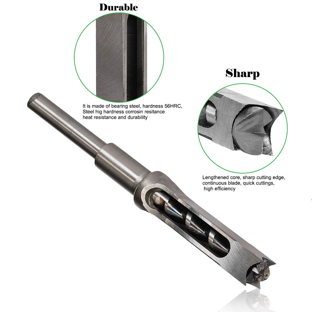 SaferCCTV Square Hole Drill Bit, Steel Woodworking Mortiser Hardness Sharp Durable Mortising Chisel Set 1/2-Inch, 1/4-Inch, 3/4inch, 3/8-Inch, 5/8-Inch, 5/16-Inch, 9/16-Inch -7pcs