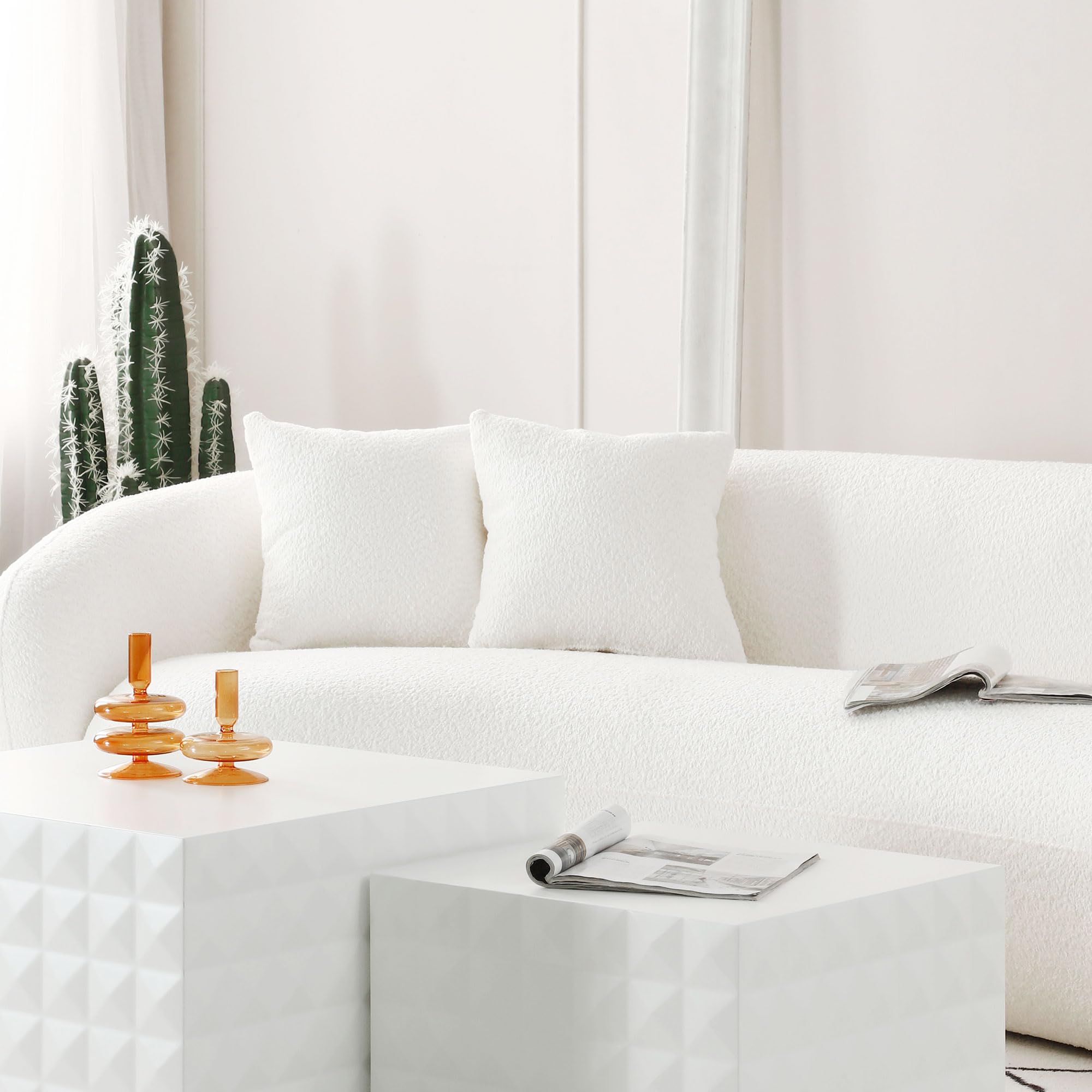 SSC SATITUNCASA 102β Luxury Modern Boucle Curved Sofa Couch, Minimalist Style Comfy Sofa Couch for Living Room, Apartment, Home Office, 3 Seater Curved White Sofa(White 102)
