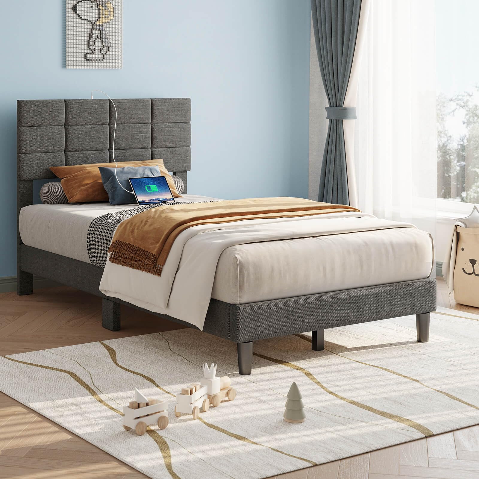 Seventable Twin Size Bed Frame with Charging Station, Upholstered Bed with Heavy Duty Wood Slats, Noise Free, Easy Assembly, No Box Spring Needed, Dark Grey