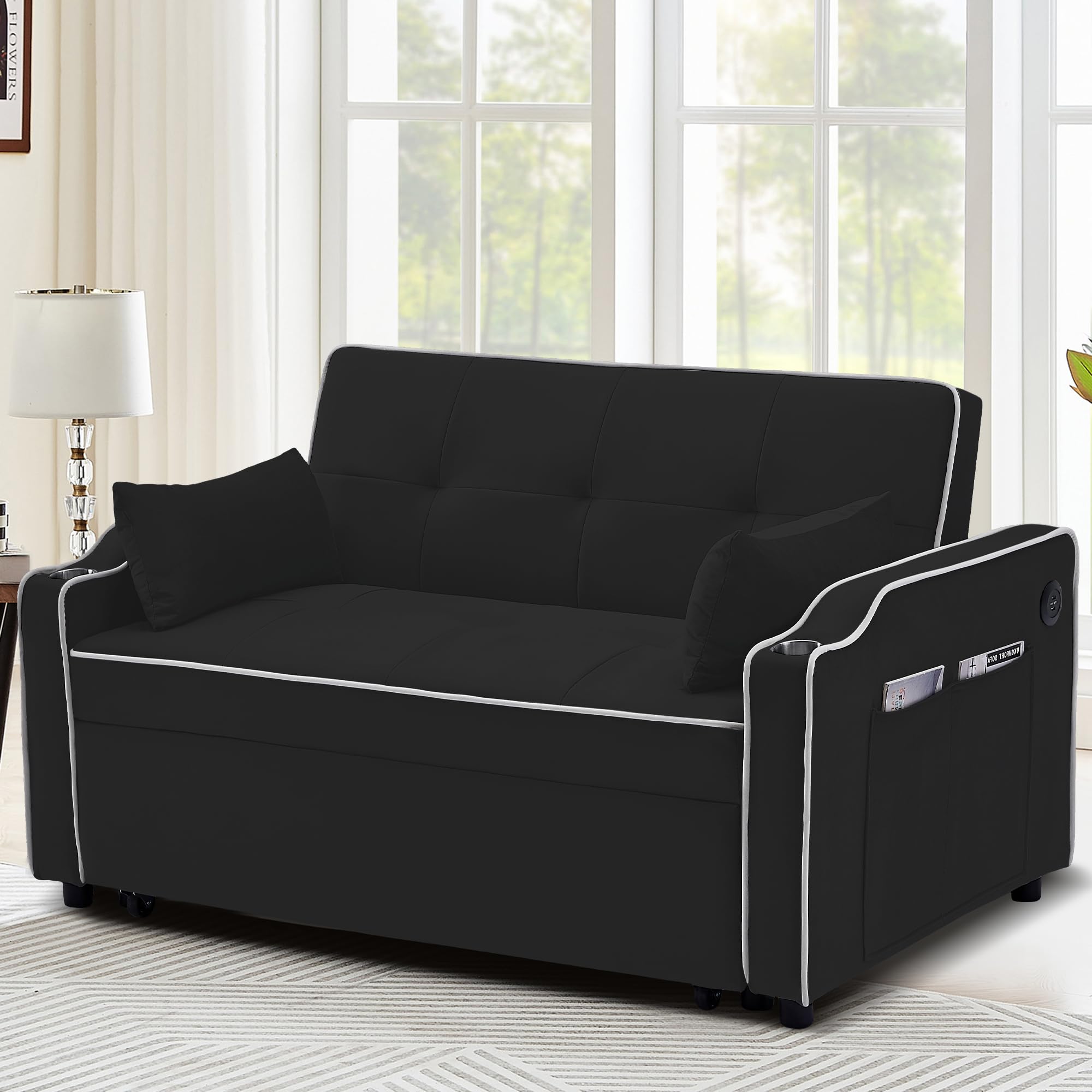 SumKea Loveseat Sleeper Sofa Bed Pull Out Couch Comfortable Chenille Fabric, Adjustable Backrest, Resilient Sponge Cushions, Sturdy Wood Frame, Side Storage Pockets, Black