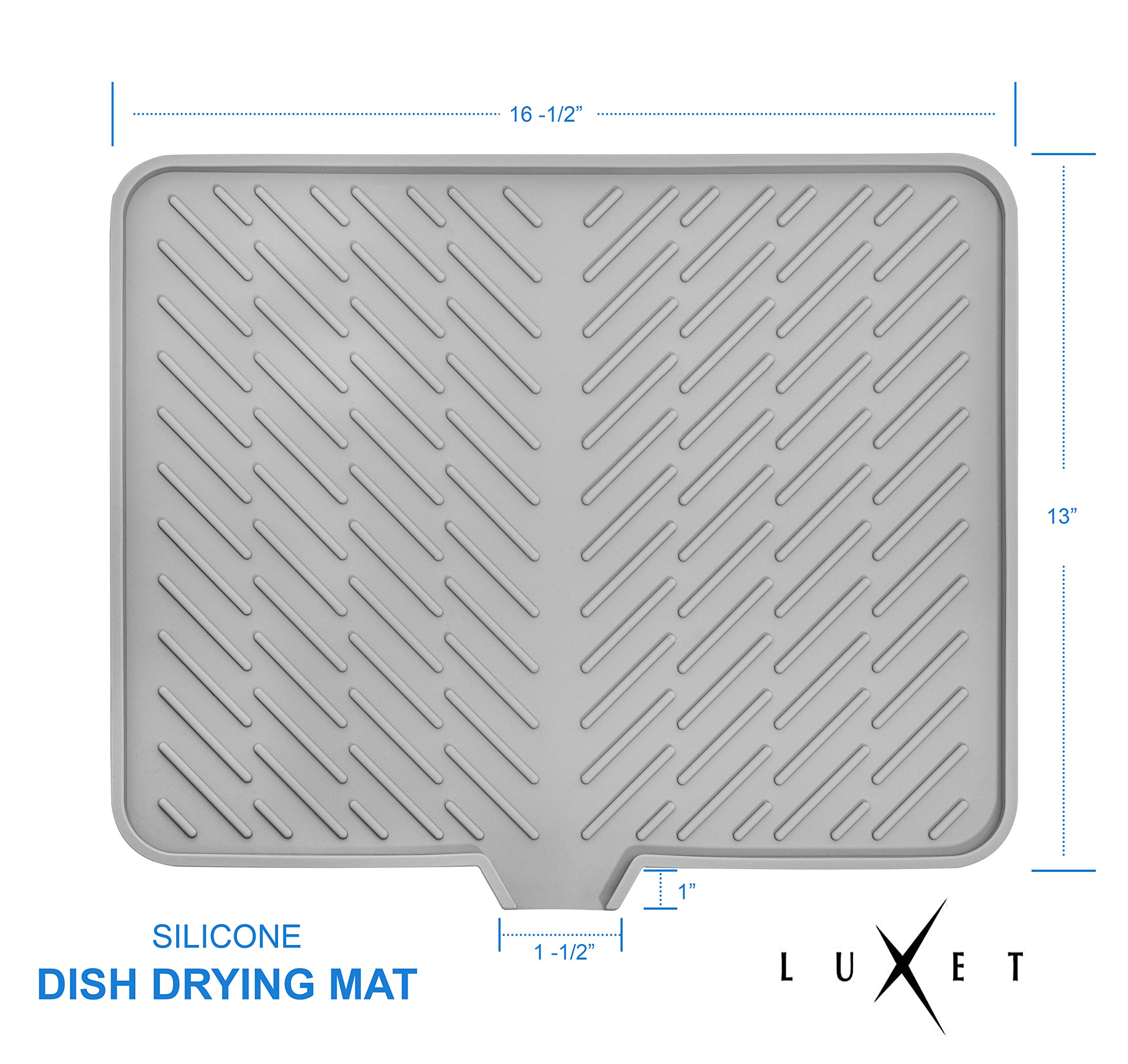Luxet Silicone Dish Drying Mat with Built-in Drain Lip - Hygienic Drying Pad - Sturdy Compact Easy to Clean Tray Protects Surfaces Prevents Water Build Up -16.5 x 13 Inches (grey)