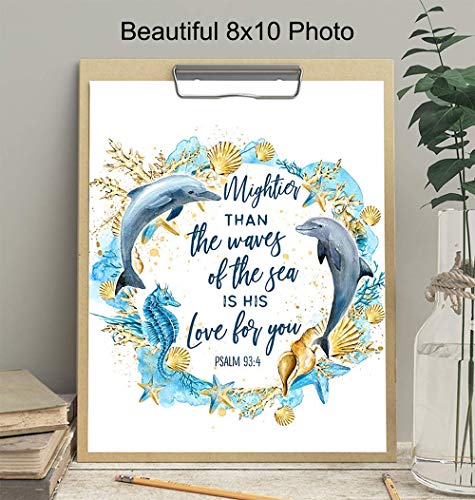 Ocean Dolphins Bible Verse Religious Wall Art - Inspirational Quote Christian Scripture Room Decoration for Bathroom, Bedroom - Nautical Beach House Poster - Mightier Than the Waves Blue Wall Decor