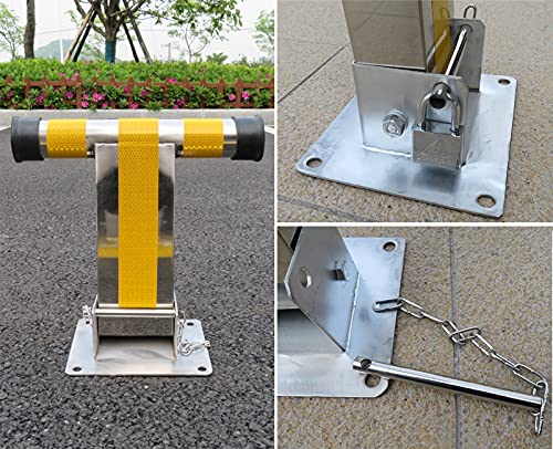 Tools Parking Barrier Lock T Shape Stainless Steel Parking Barrier Folding Parking Space Lock Heavy Duty Security Post with Padlock & Bolt(370x370mm|Yellow)