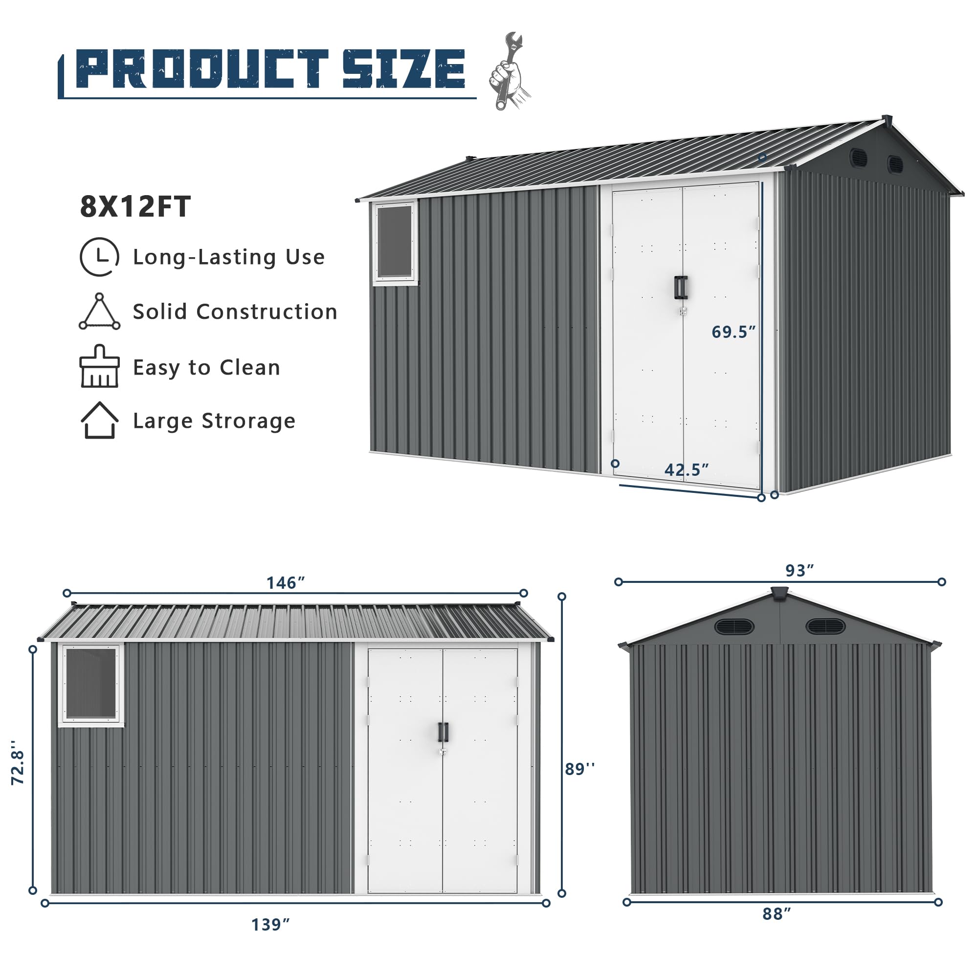 SumVille 8x12 Ft Metal Outdoor Storage Shed with Window, Floor Base, Air Vents and Double Hinged Door