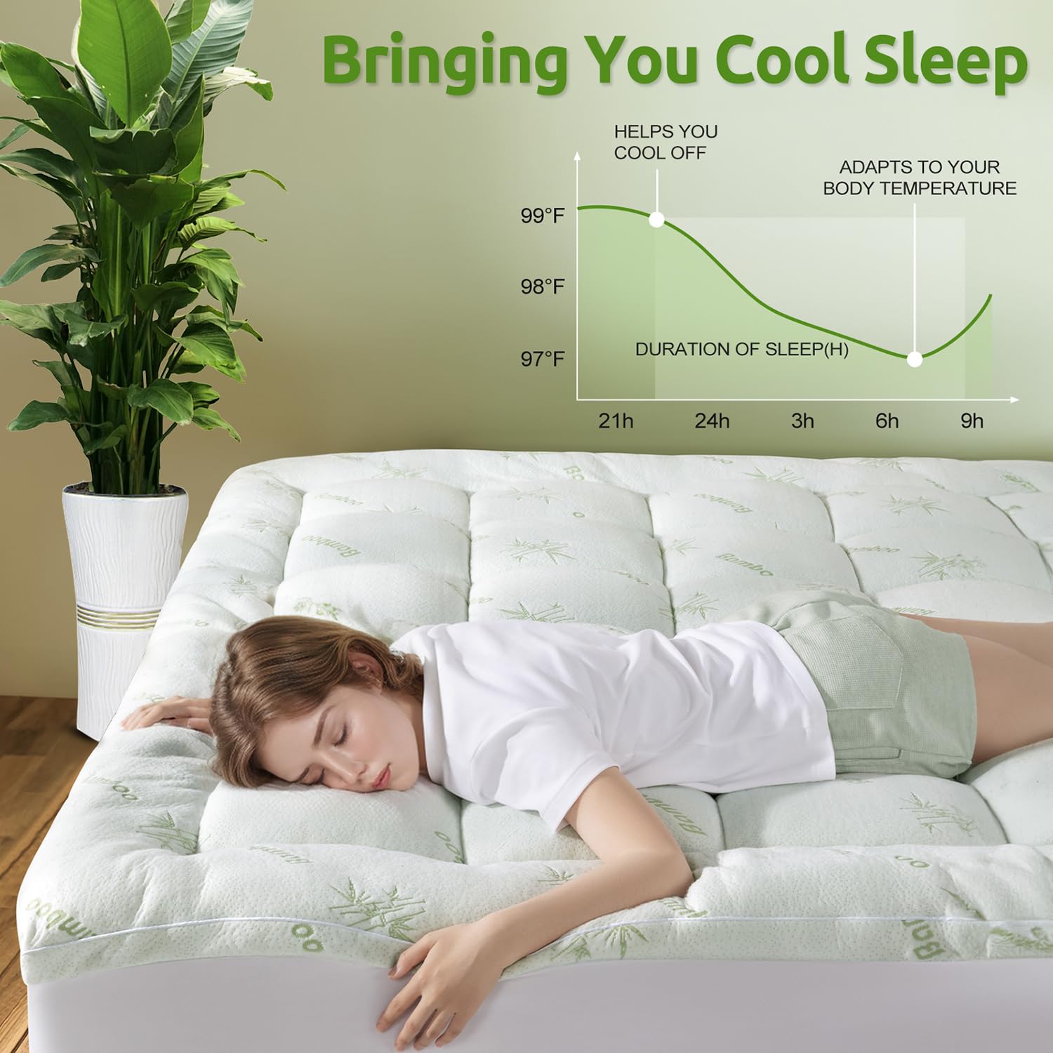 Shilucheng Cooling King Mattress Topper, Extra Thick Down Alternative Fill Washable, Soft Mattress pad for Back Pain with 8-21" Deep Pocket(Green,78"x80")