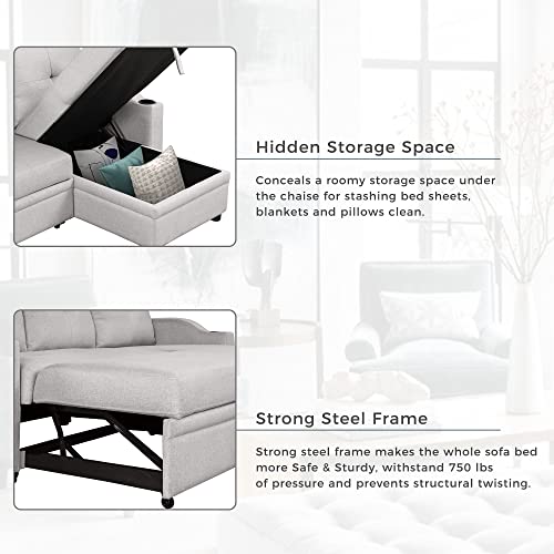 UBGO Modular, L-Shaped Living Room Furniture Sets,Pull Modern Padded Upholstered Sofa Bed, Linen Fabric 3 Seater Storage Chaise and Cup Holder, Couch for Small Spaces,Gray