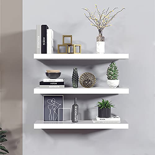 Tiasott Wall Mounted Floating Shelves Set of 3,White Wall Display Floating Shelf,Solid Wood Wall Shelves 3 Pack,Invisible Storage Shelf for Wall,Organize to Photos,Books,Showpiece,Trophy and More.