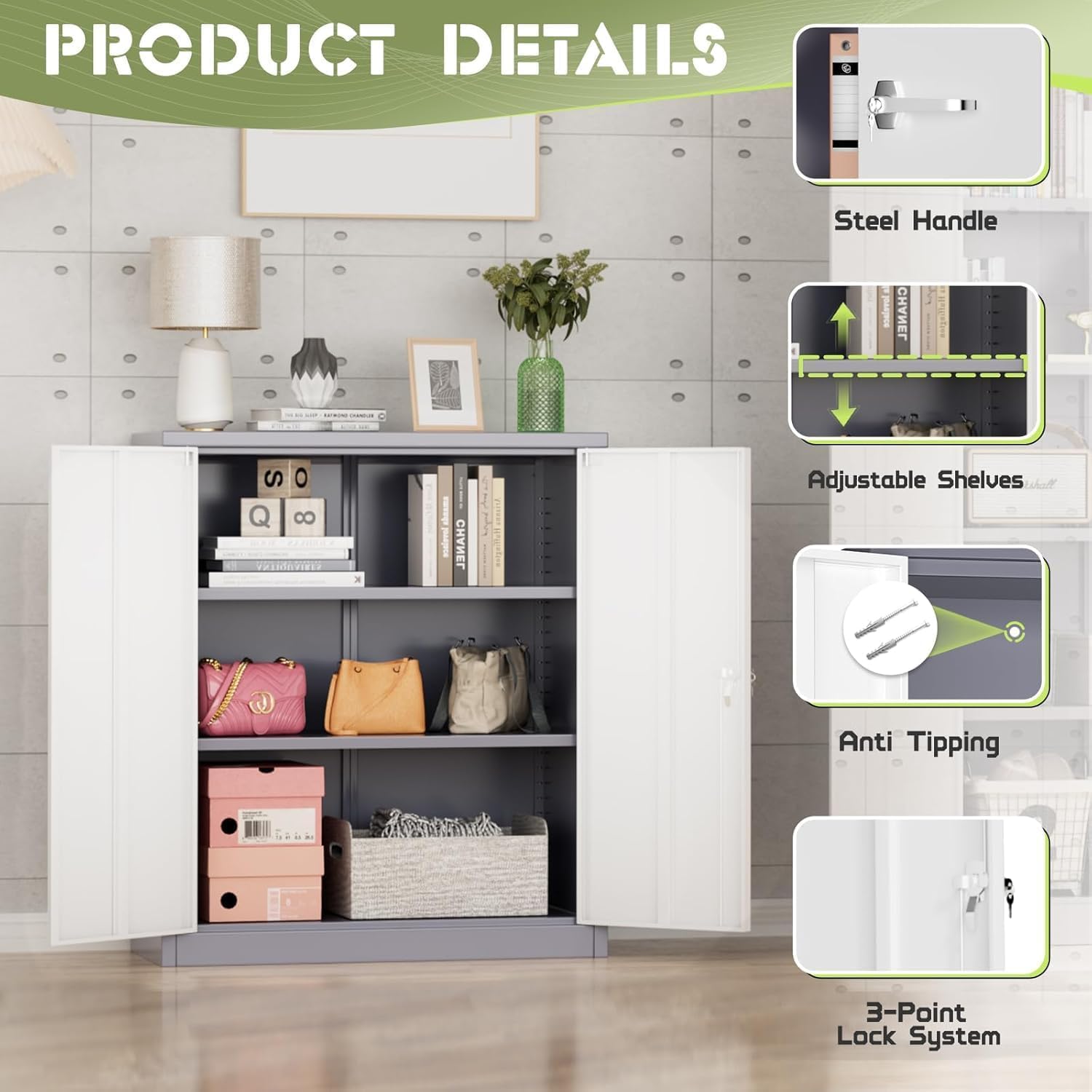 SUNCROWN Metal Storage Cabinets, 42”Locking Cabinet with Doors and Adjustable Shelves, Steel Utility Tool Garage Cabinets for Home, Office, Kitchen,Warehouse (Grey & White)