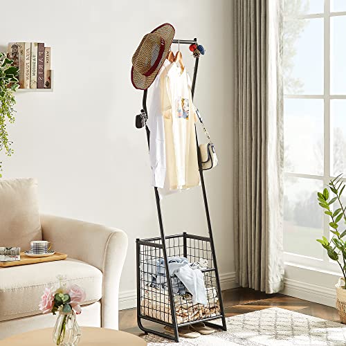VECELO Metal Coat Rack Stand with Anti-Drop Design, Space Saving Hall Trees with Steel Basket,Small Garment Organizer with 2 Handy Cloth Rails and Slipper Space, Rectangle, Rustic Brown