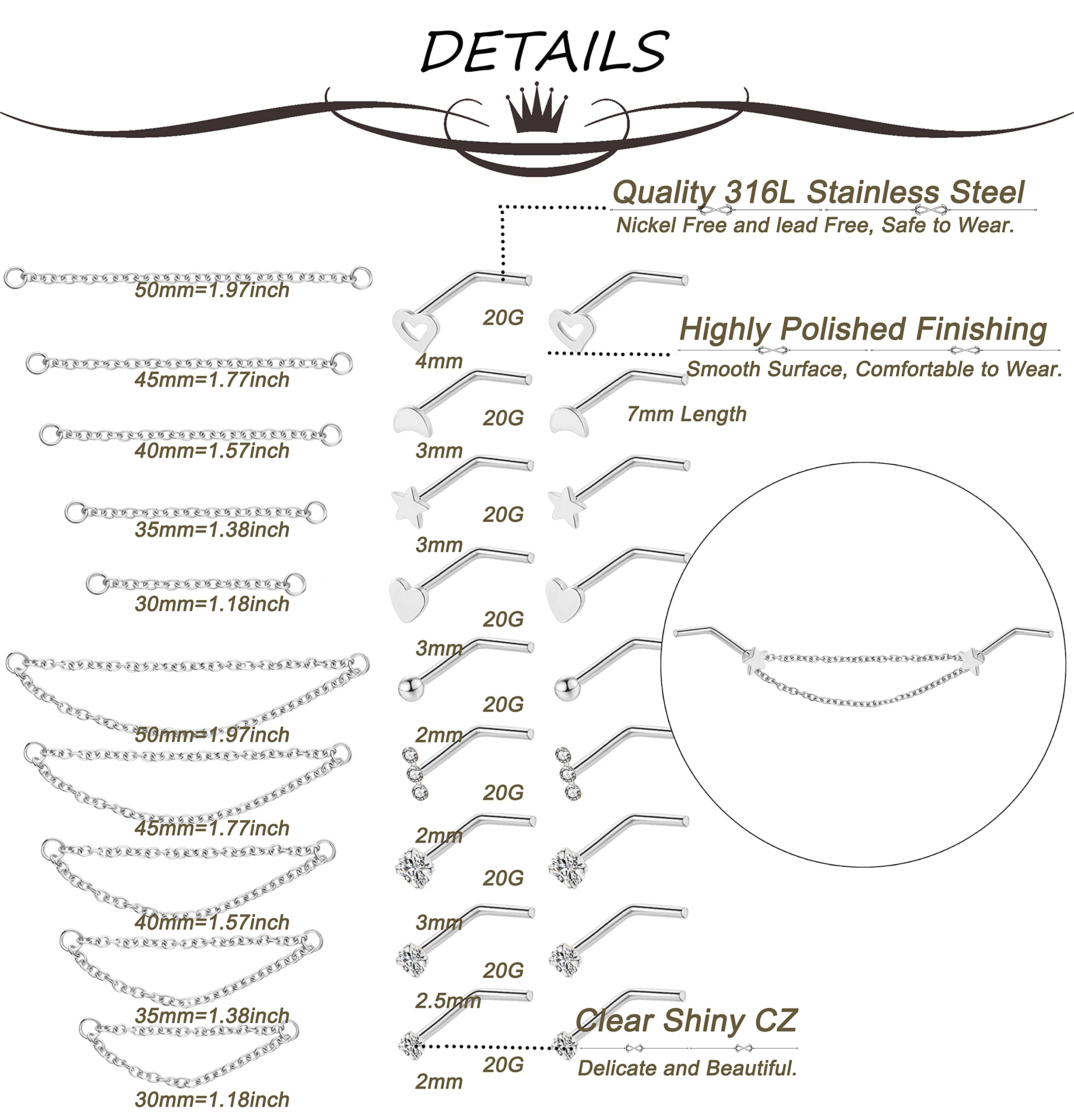 Masedy 20G Stainless Steel Nose Ring Stud Nose Ring Chain Piercing Across Double Nose Stud Heart Ball CZ Nose Studs Nostril Piercing Jewelry SL
